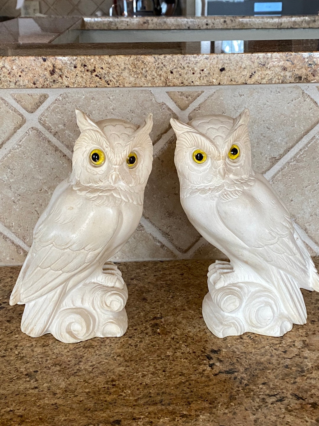Golden Crown 1972 Beautiful Alabaster Carved Owls Signed Giannelli ...