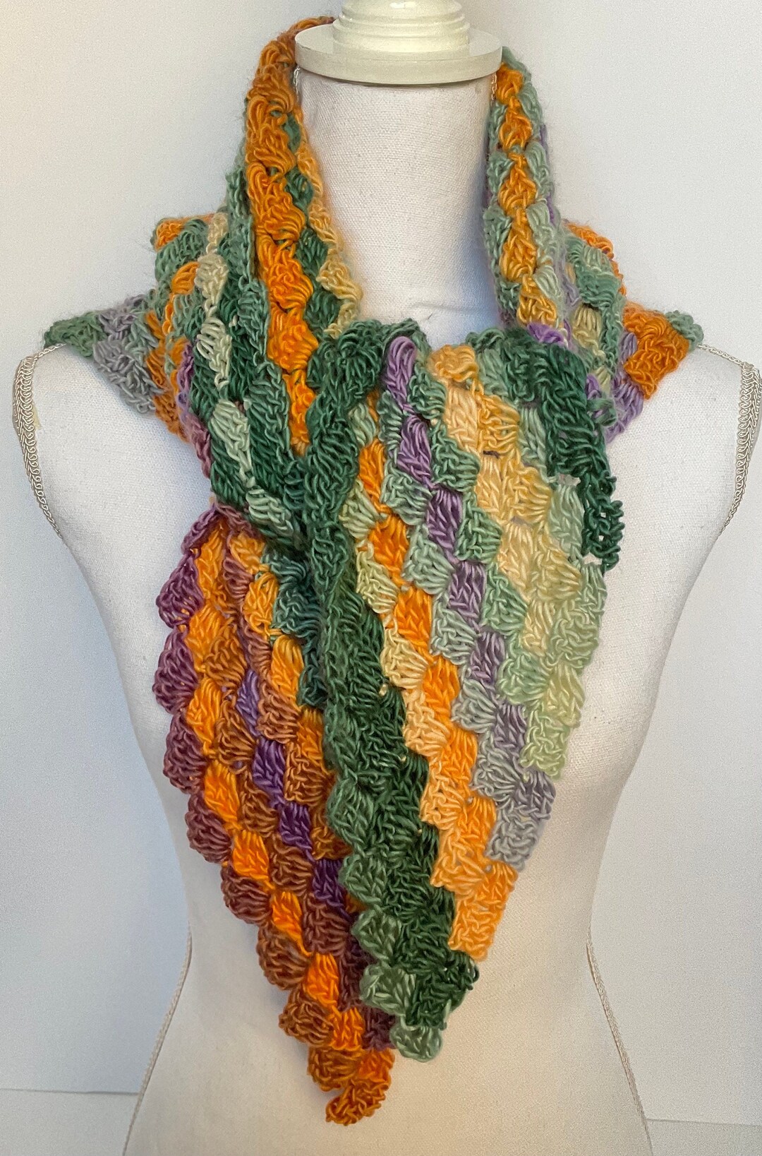 Crochet Triangular Scarf Shoulder Wrap in Green, Purple, Gold; 56x37 ...