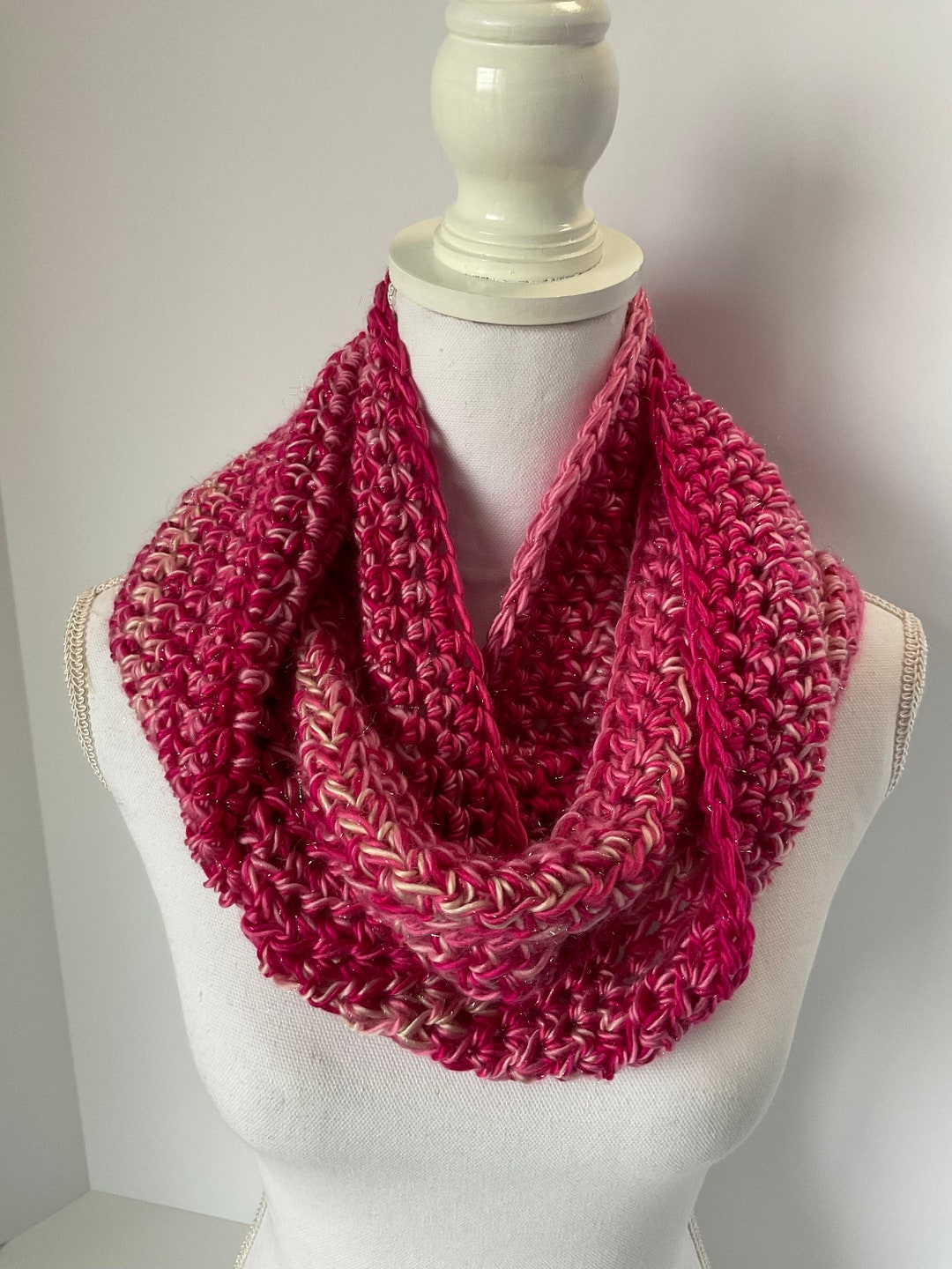 Crochet 2-strand Infinity Scarf in Shades of Red, Pink and Sparkle 8x60 ...