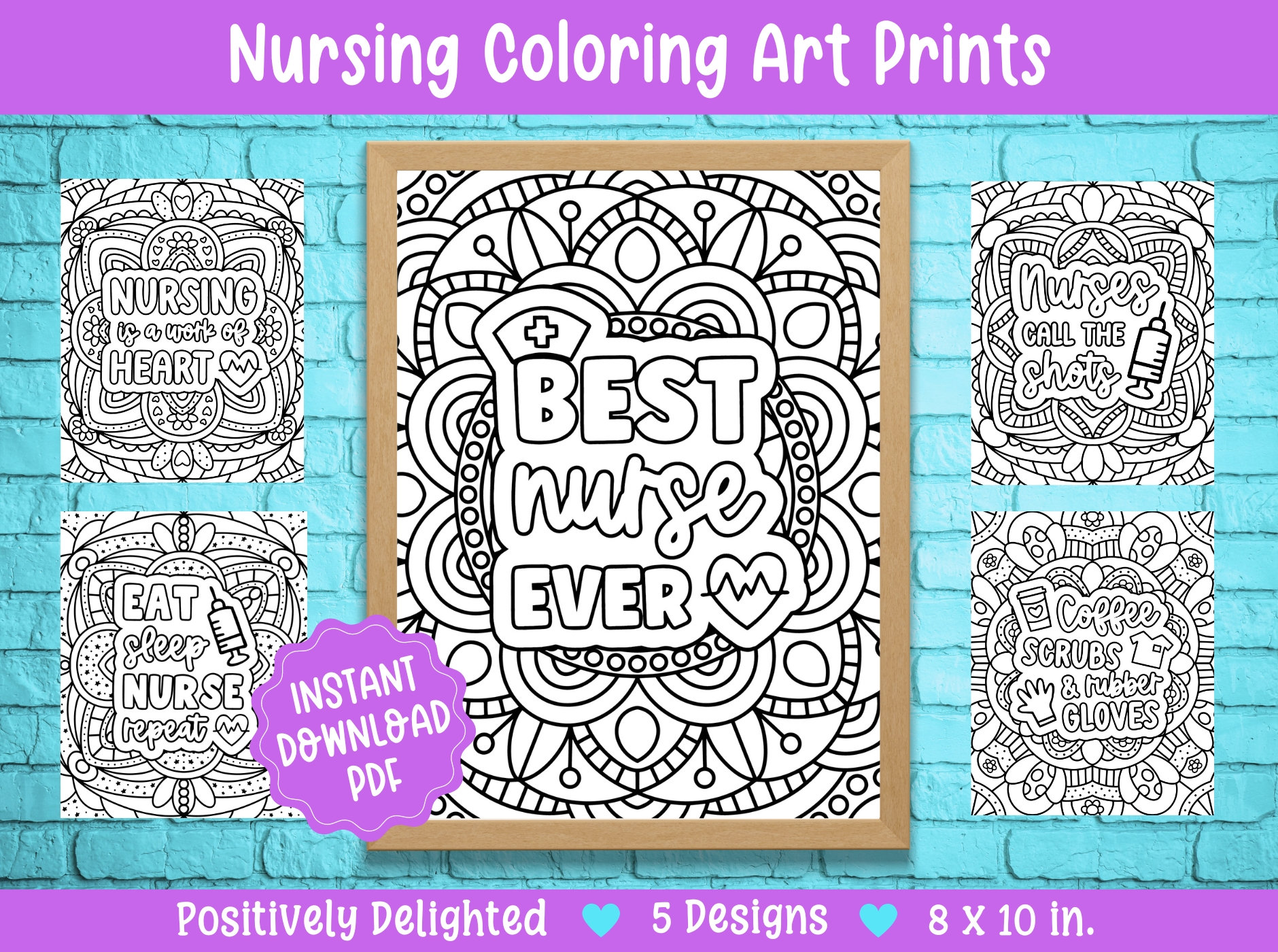Printable Nursing Coloring Art Print Set of 5 8x10 Nurse Appreciation ...