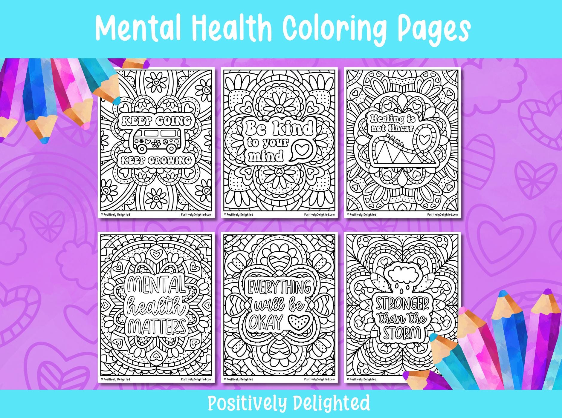 Set 1 | Mental Health Printable Coloring Pages | Stress Relief & Mental ...