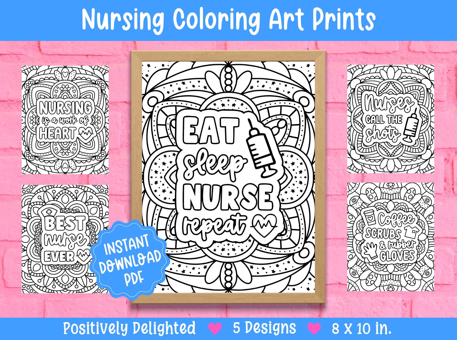 Printable Nursing Coloring Art Print Set of 5 8x10 Nurse Appreciation ...