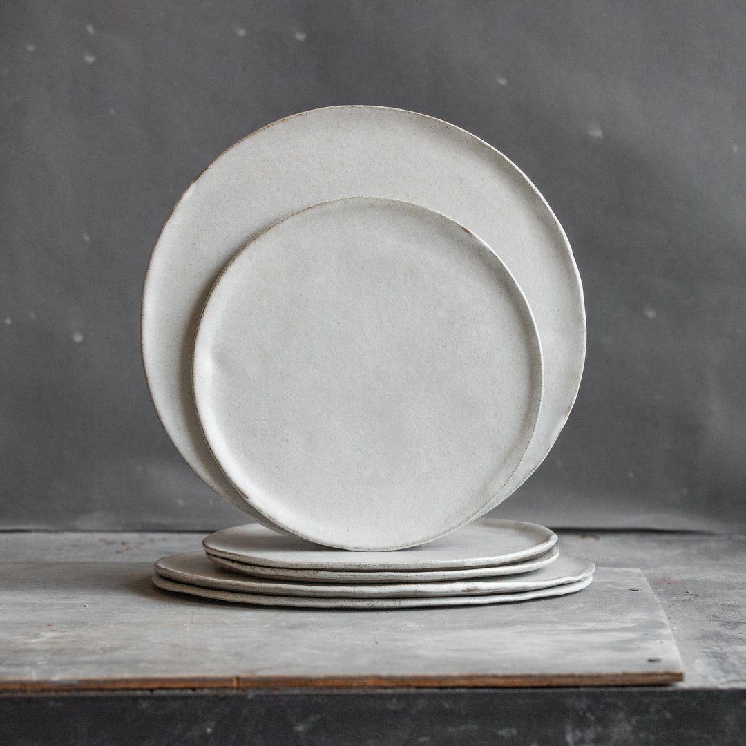 SET of 2 BIG or Middle Size Flat PLATES in White and Gray Color, Dish ...