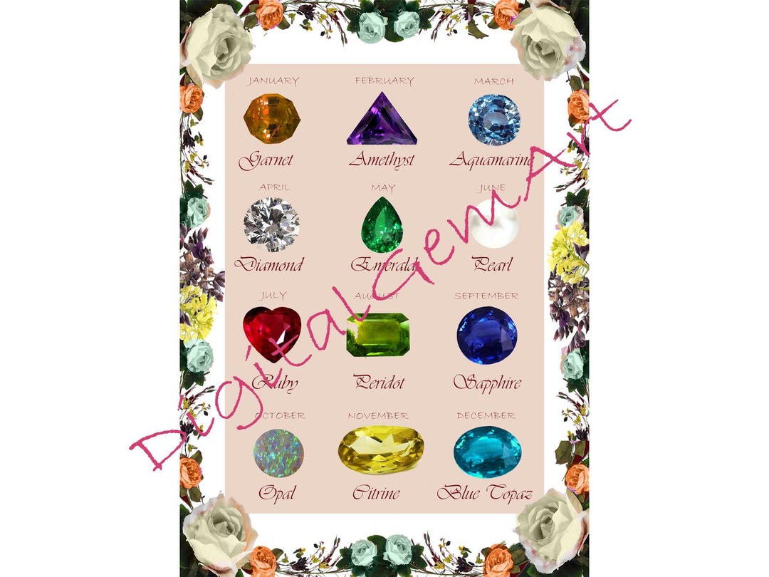Printable Birthstone Chart With Flower Borders Digital Download JPG & PDF, Wall Decor, Zodiac ...