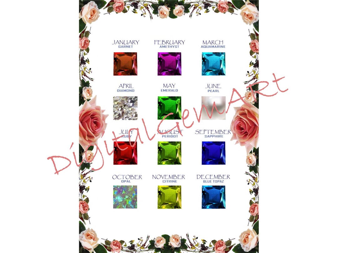 Printable Birthstone Chart With Flower Borders Digital Download JPG & PDF, Wall Decor, Zodiac ...