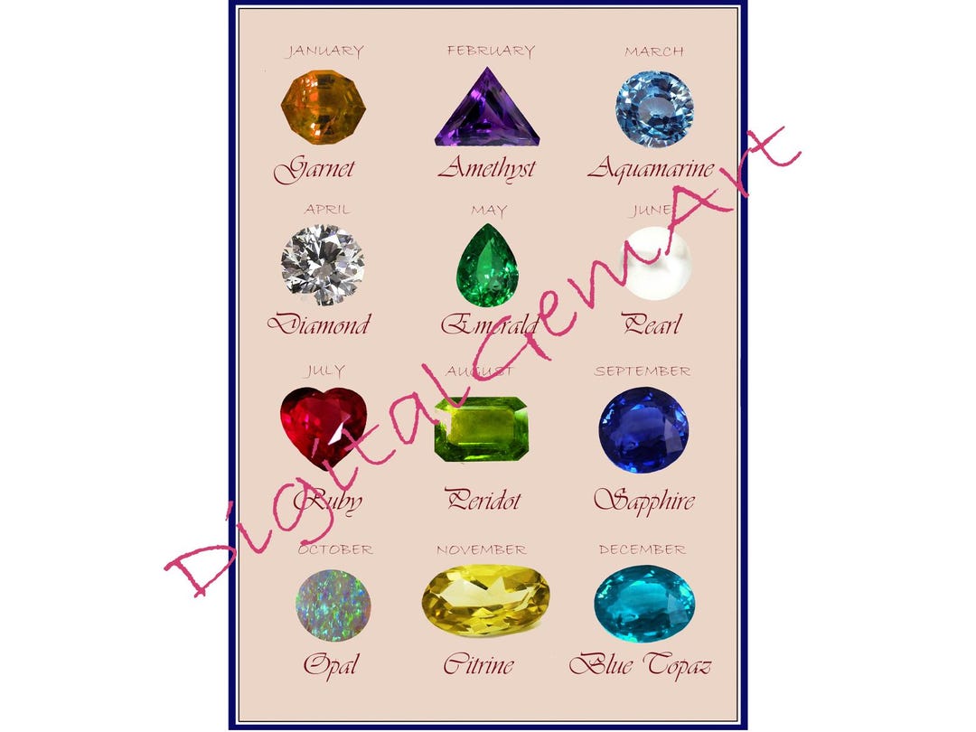Birthstone Chart Soft Pink Design Digital Download Monthly Gemstones ...