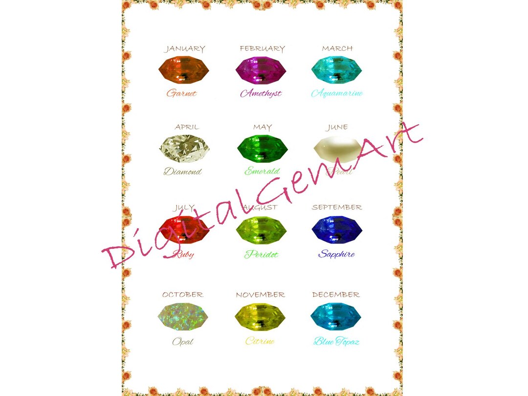 Traditional Birthstones Chart, Gemstones in Marquise Cut, Floral Border Digital Download JPG PDF ...
