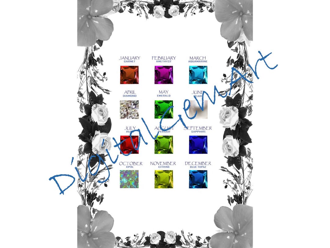 Printable Birthstone Chart With Flower Borders Digital Download JPG ...