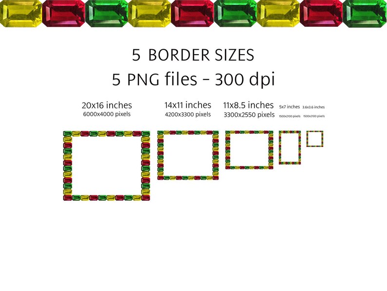 Rasta Border Clipart, Bundle 5 Sizes Gemstone Borders, Emerald-cut ...