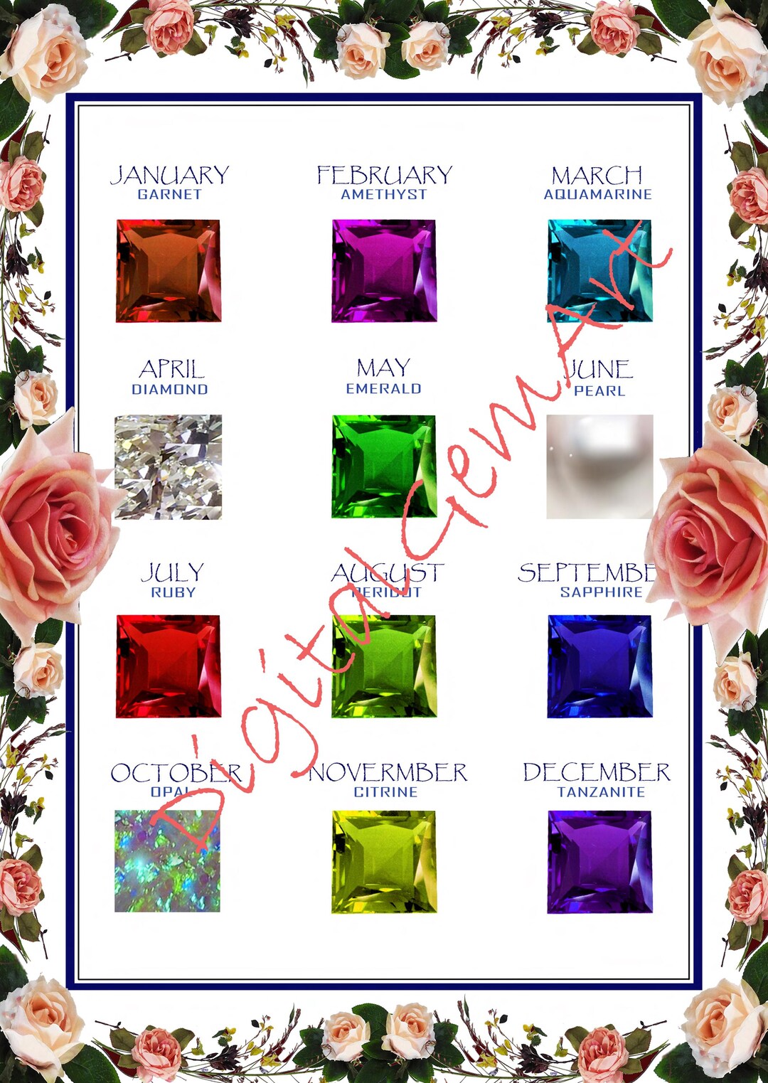 Printable Birthstone Chart With Flower Borders Digital Download JPG & PDF, Wall Decor, Zodiac ...