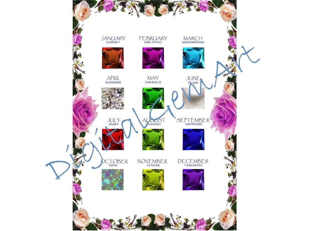 Printable Birthstone Chart With Flower Borders Digital Download JPG ...