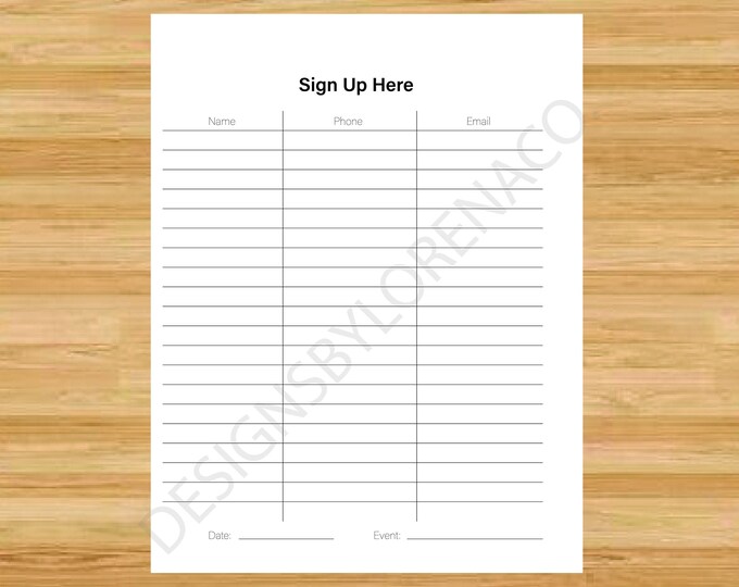Printable Sign up Sheet: Name, Phone, Email (digital Download) - Etsy