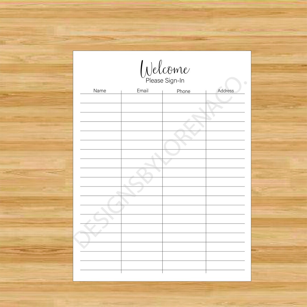 Welcome Please Sign in Sheet, Basic Sign In, Name| Email| Phone ...