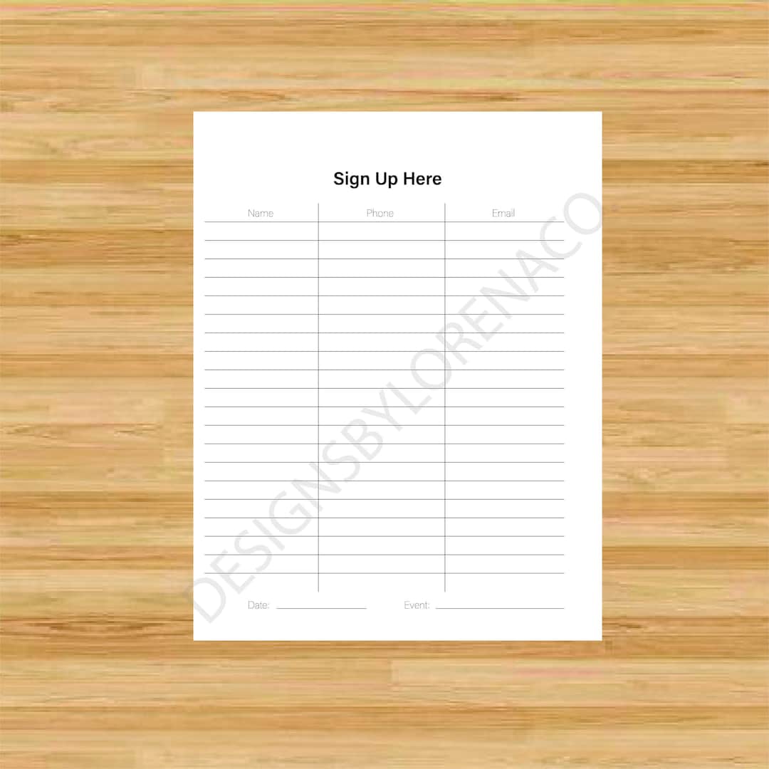 Printable Sign up Sheet: Name, Phone, Email (digital Download) - Etsy