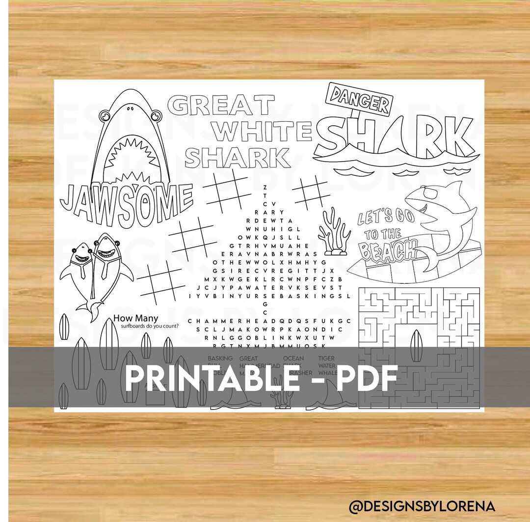 Shark Party Activity Sheet: Coloring, Maze, Word Search (PDF) - Etsy