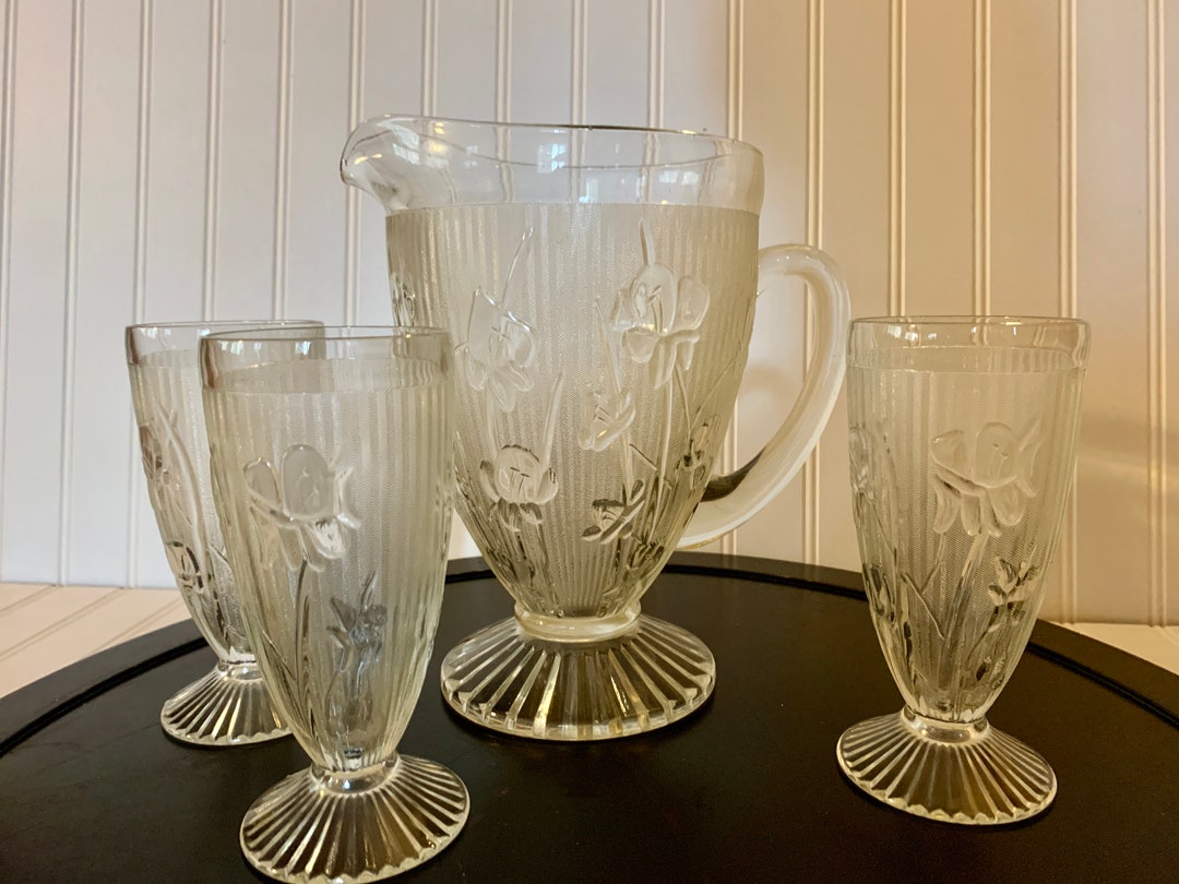 Jeannette Iris & Herringbone Clear Glass Water Pitcher and 3 Footed Tumblers - Etsy