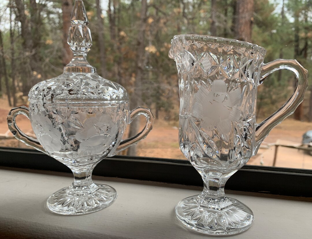 Vintage Crystal Glass Covered Sugar Bowl and Creamer Set Etch Rose and ...
