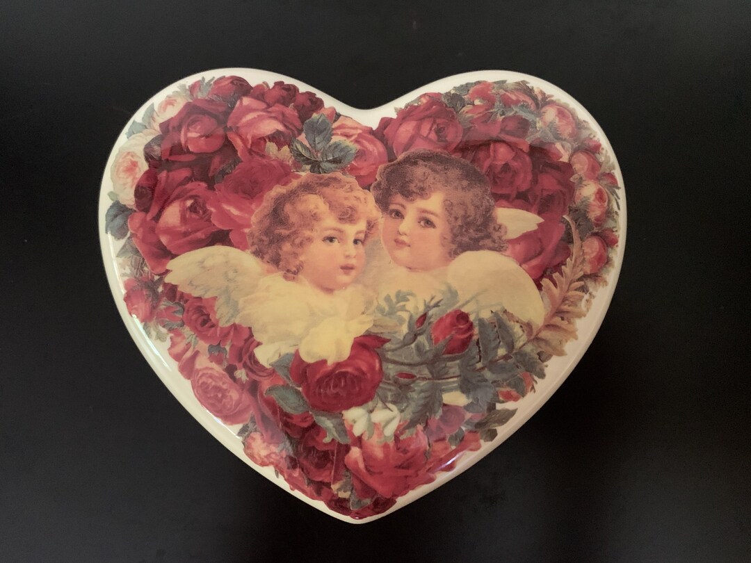 Teleflora Heart Shaped Ceramic Roses Cherubs Angels Trinket Jewelry ...
