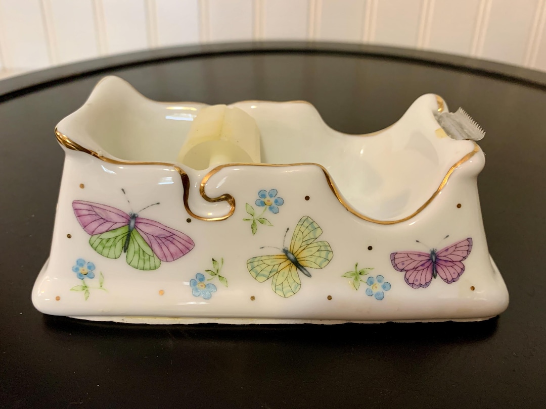 Vintage Avon Porcelain Tape Dispenser With Gold Trim Butterfly Flowers ...