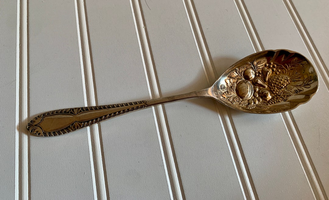 Fancy Large Serving Spoon, Silver Plate, Floral Fruit Design, Scalloped ...