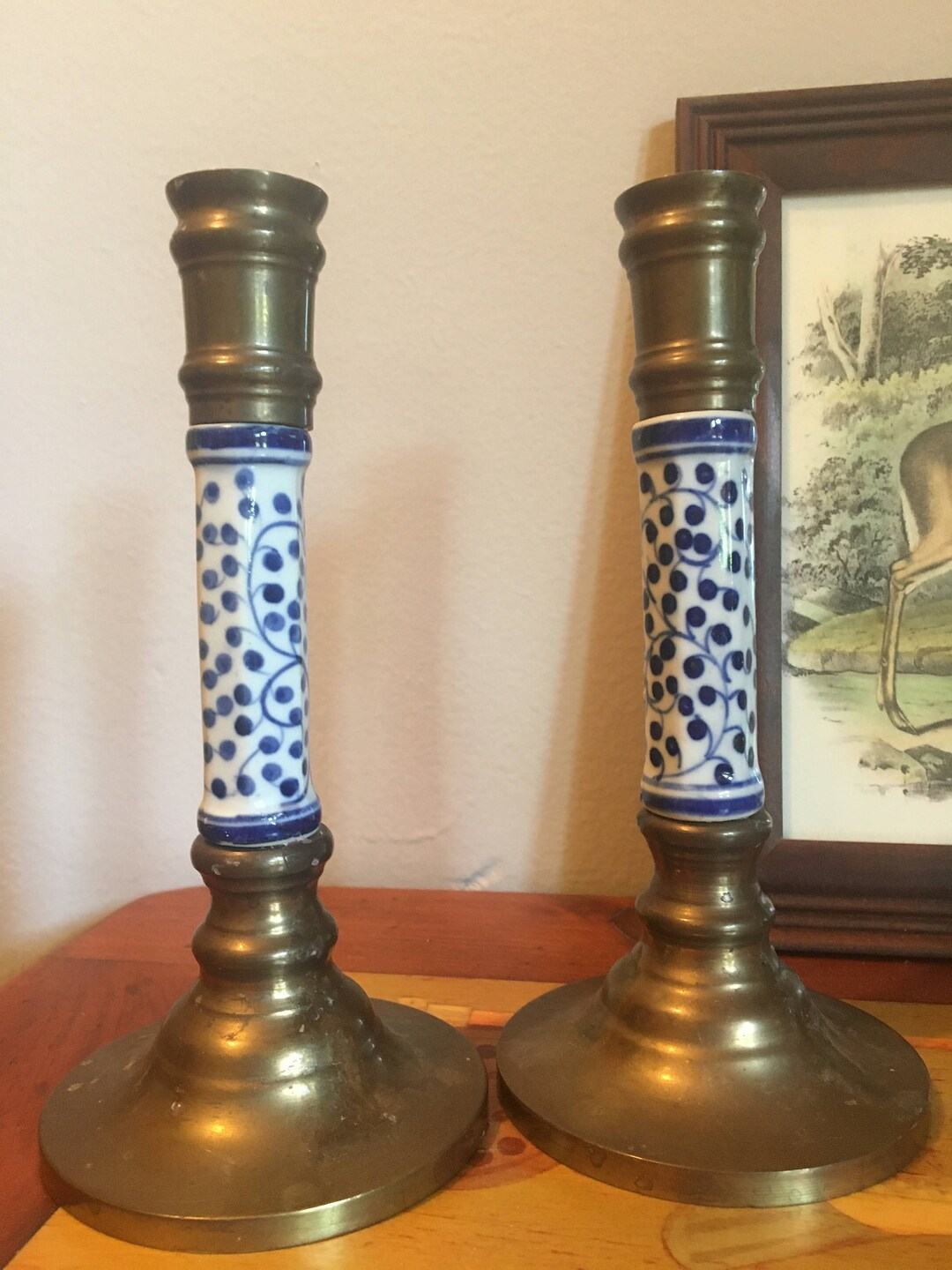 Pair of Solid Brass and Blue Floral Candlesticks, Hollywood Regency, Mid-century Taper Candle ...
