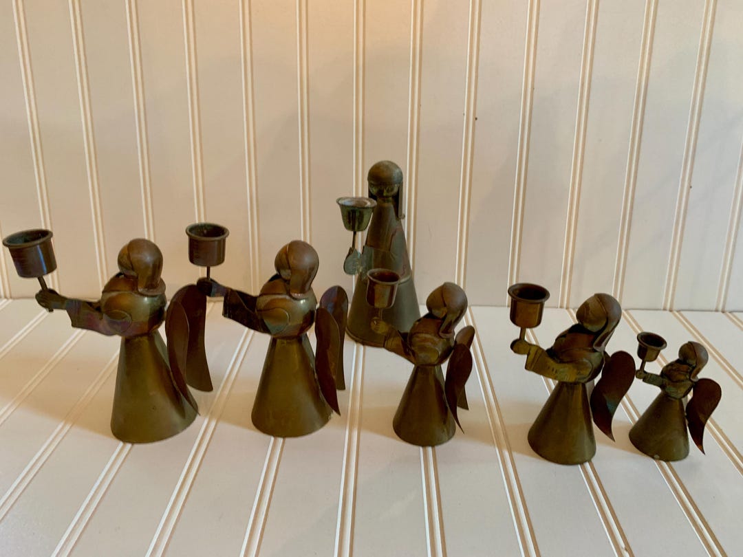 Copper Brass Set of 5 Angel 1 Monk Candle Holder-vintage Copper Brass ...