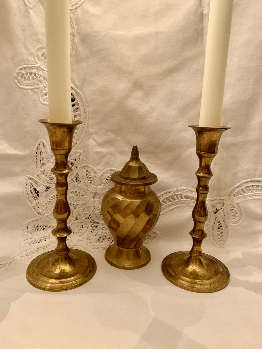 Brass Ginger Jar and Pair Candlesticks, Vintage Brass Urn With Pair of ...