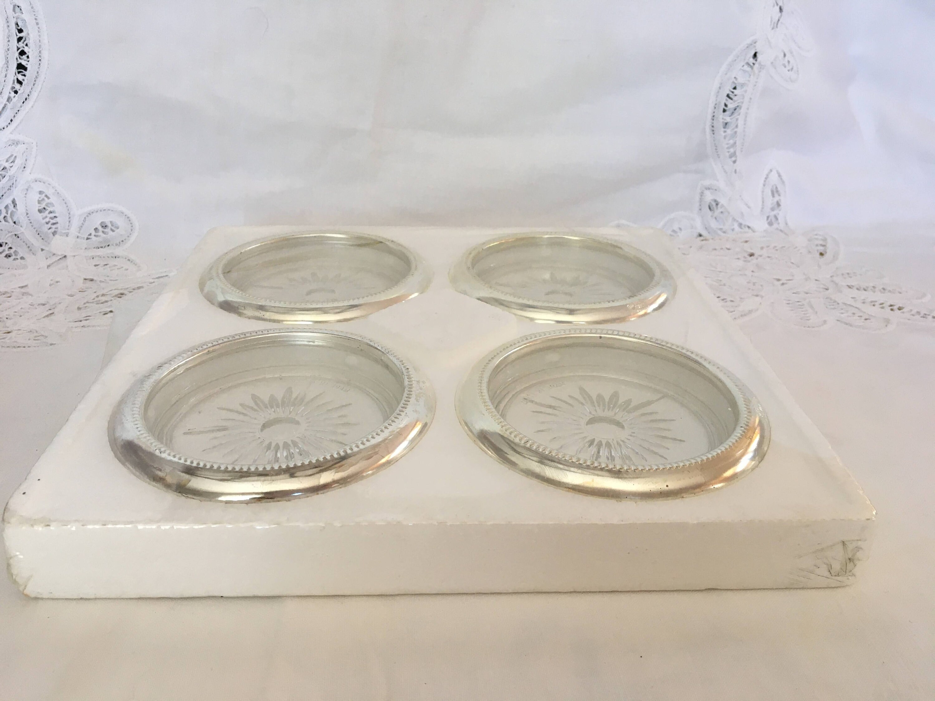 Leonard Four Piece Silver Plate Crystal Coasters Vintage | Etsy