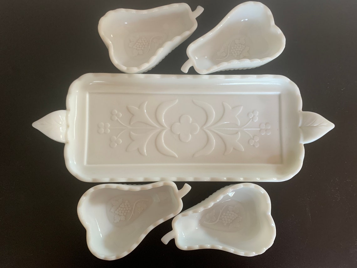 White Imperial Milk Glass Server W 4 Pear-shaped Dishes - Etsy