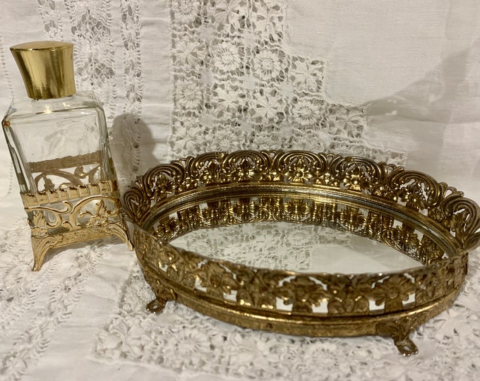 Vintage Perfume Bottle and Small Filigree Mirrored Tray, Glass and Gold ...