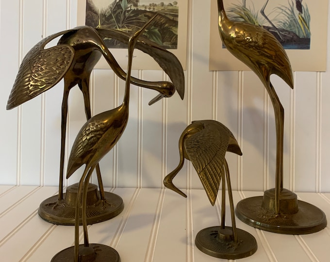 Set of Four Large and Gorgeous Brass Cranes Large Vintage Mid-century Modern Brass Heron Egret ...