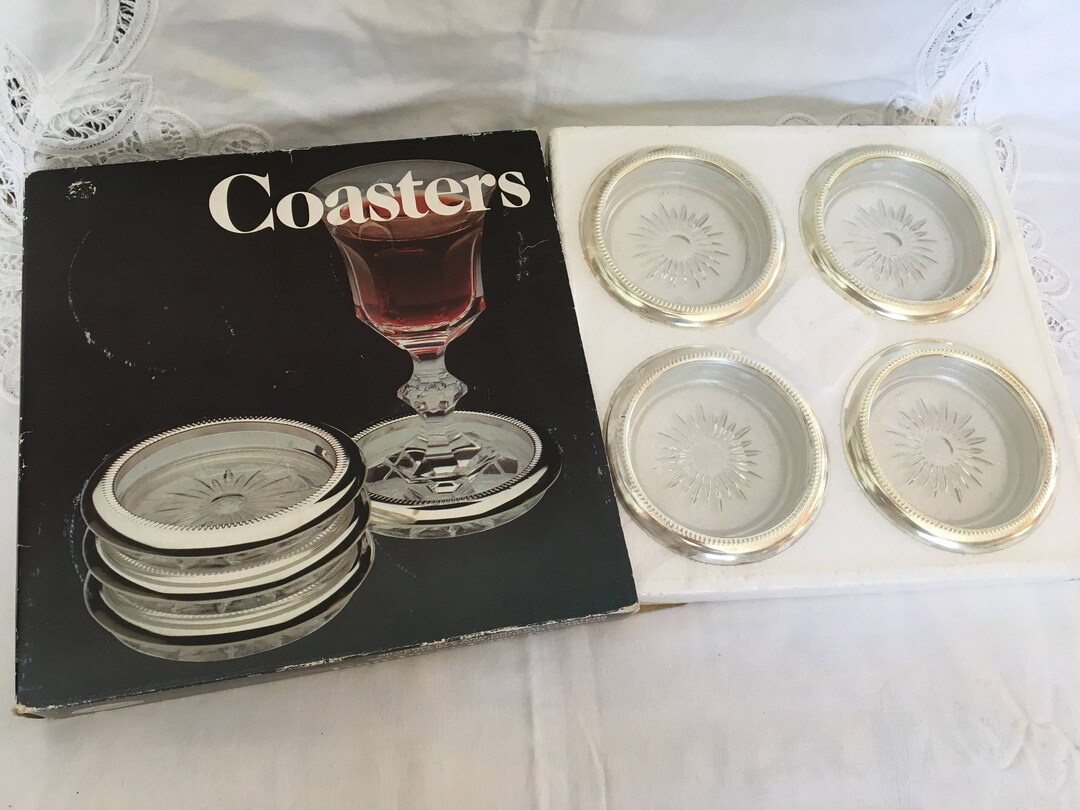 Leonard Four Piece Silver Plate Crystal Coasters, Vintage Silver Glass ...