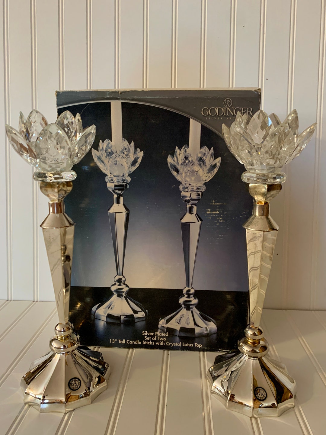 2 Large Vintage Godinger Silver Crystal Glass Lotus Lily Candle Stick ...
