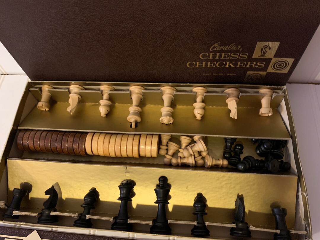 Vintage 1960 Cavalier Wooden Chess Checkers Board Set Pacific Game Co ...