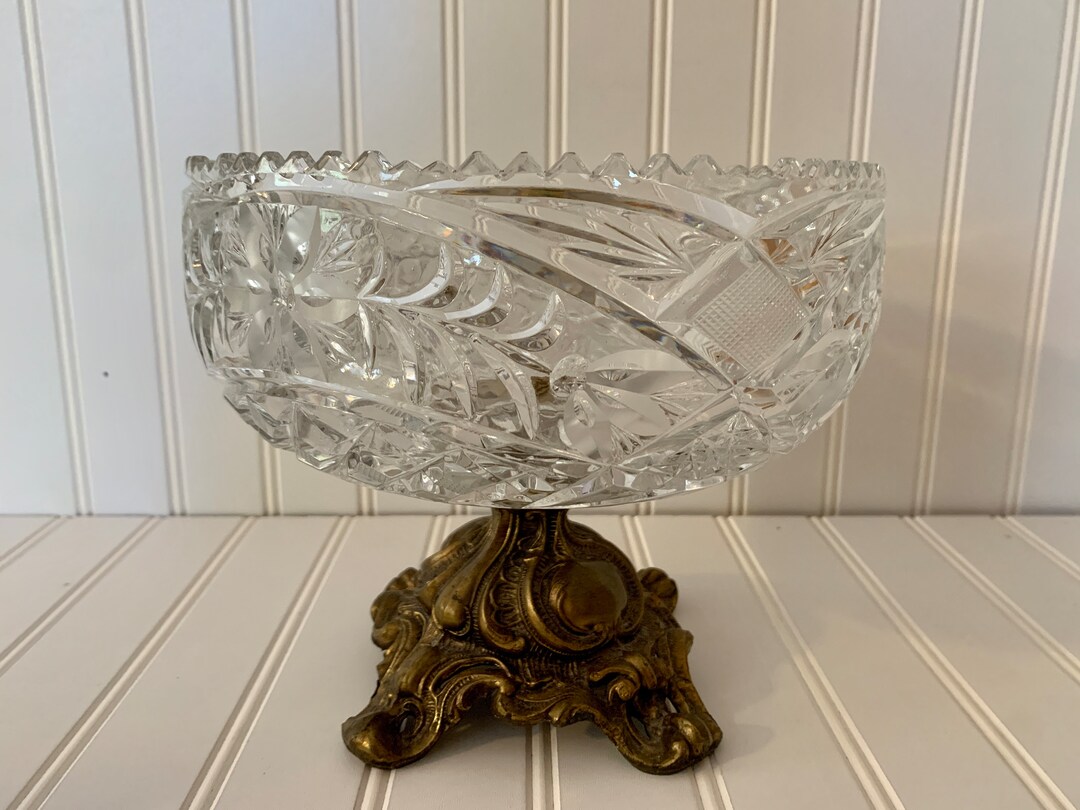 Large Vintage Cut Glass Compote on Ornate Cast Base With Brass Finish ...