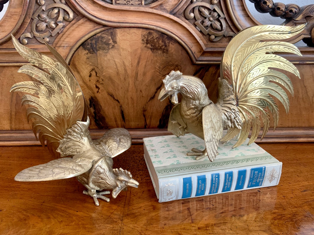 Mid Century Brass Rooster Pair, Circa 1960s, Fighting Poses, Brass ...