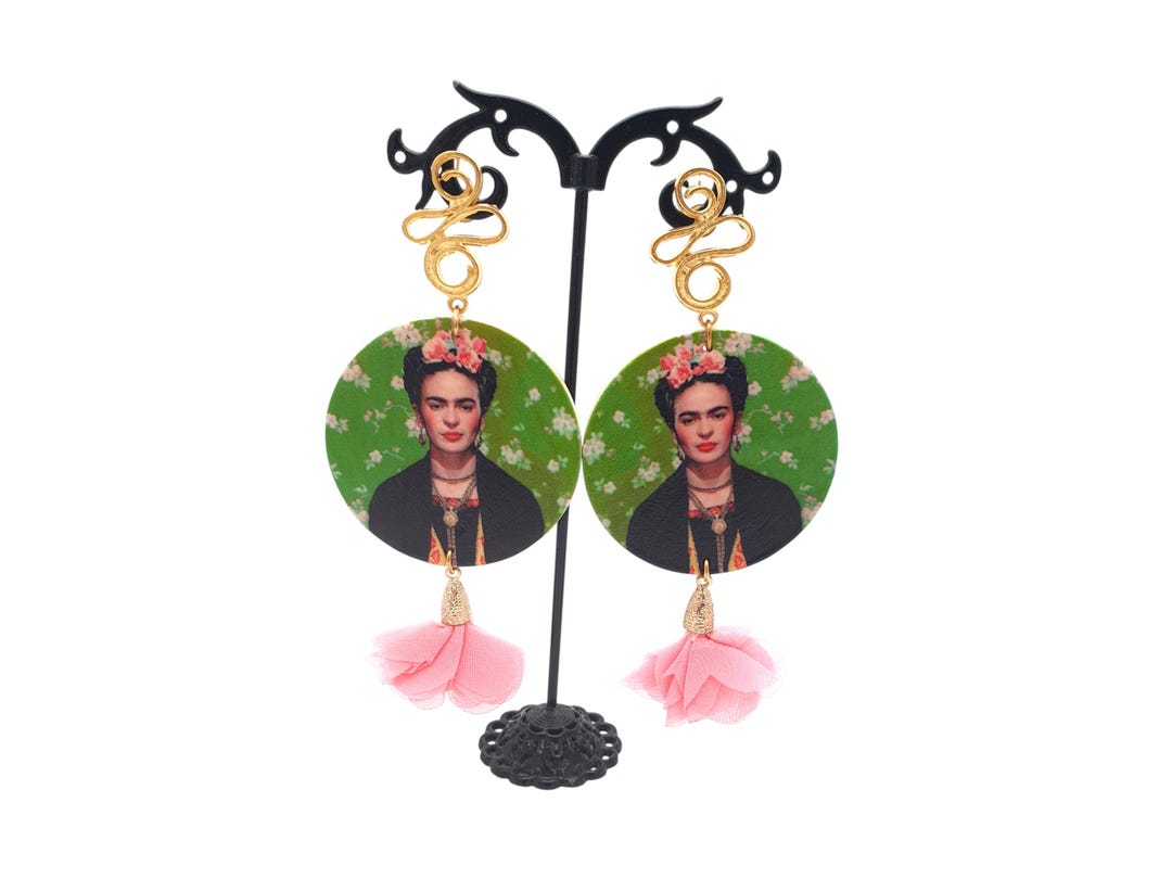 Frida Kahlo-inspired Wooden Charm Drop Earrings With Pink Tassels ...