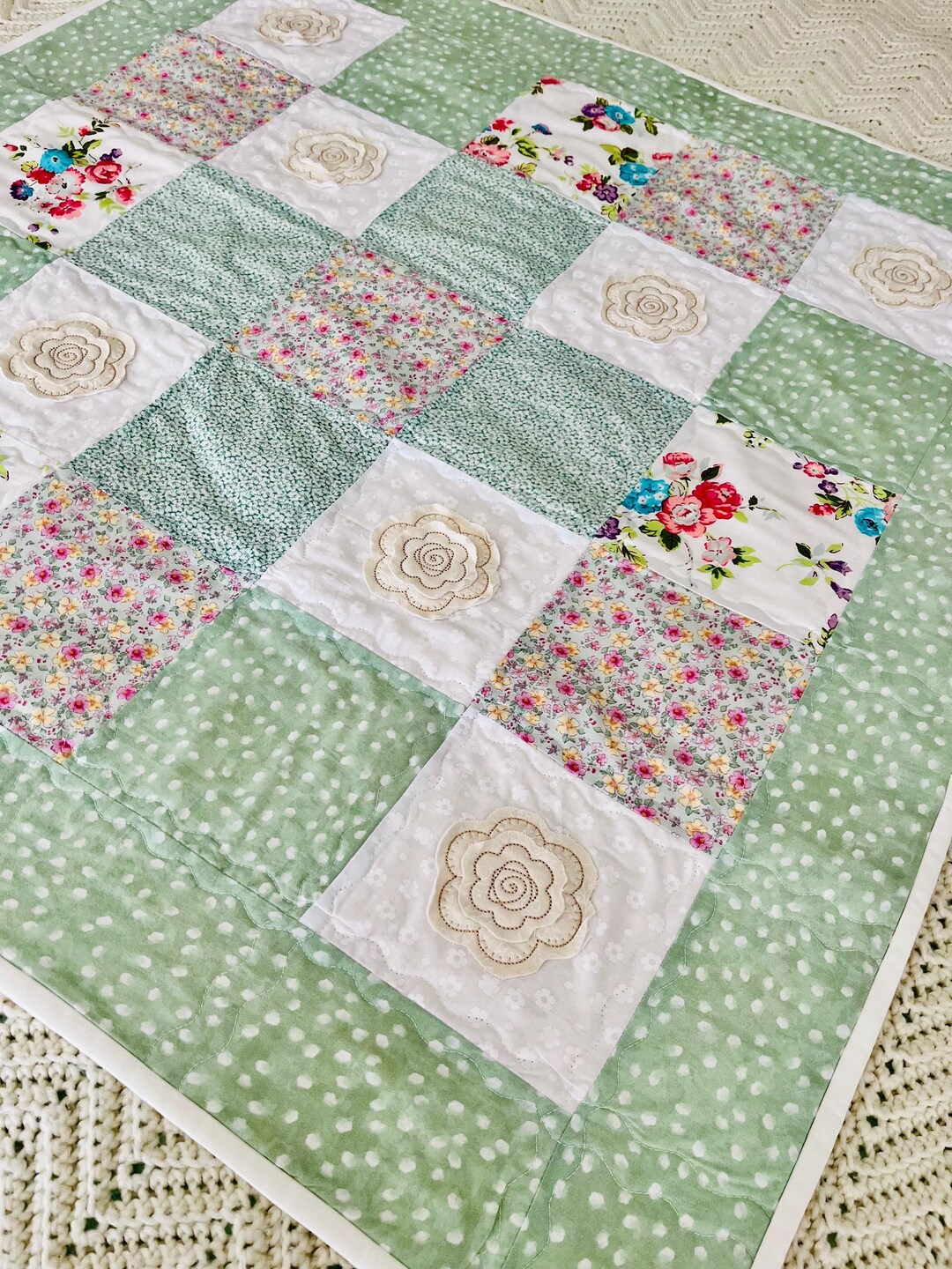 Baby Girl Patchwork Quilt With Cotton Fabrics in Pale Pinks, Greens ...