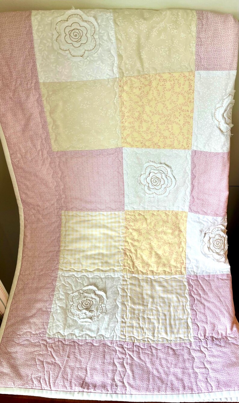 Baby Girl Patchwork Quilt With Pale Pink, Light Creamy Yellow, White ...