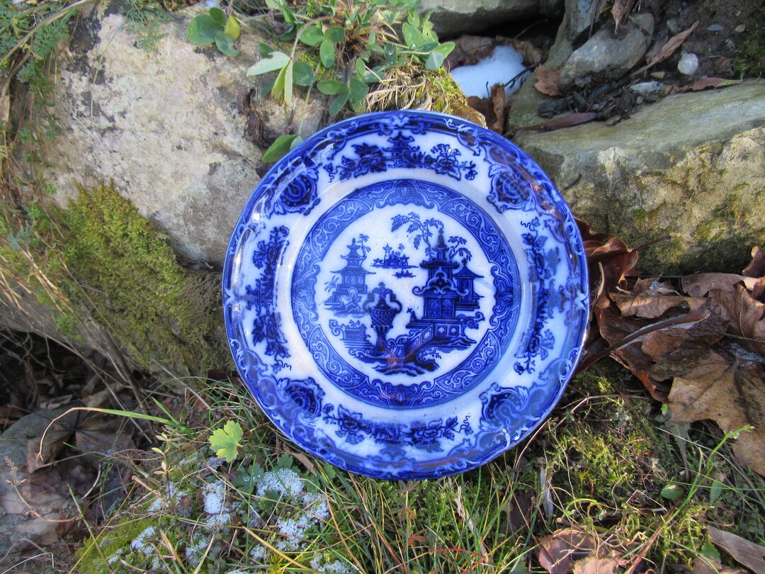 Chinoiserie Flow Blue 8 TEMPLE Transferware Plate - Etsy