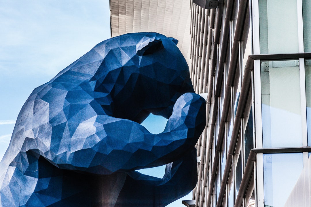 Big Blue Bear Sculpture Art Installment Looking in Building Downtown ...