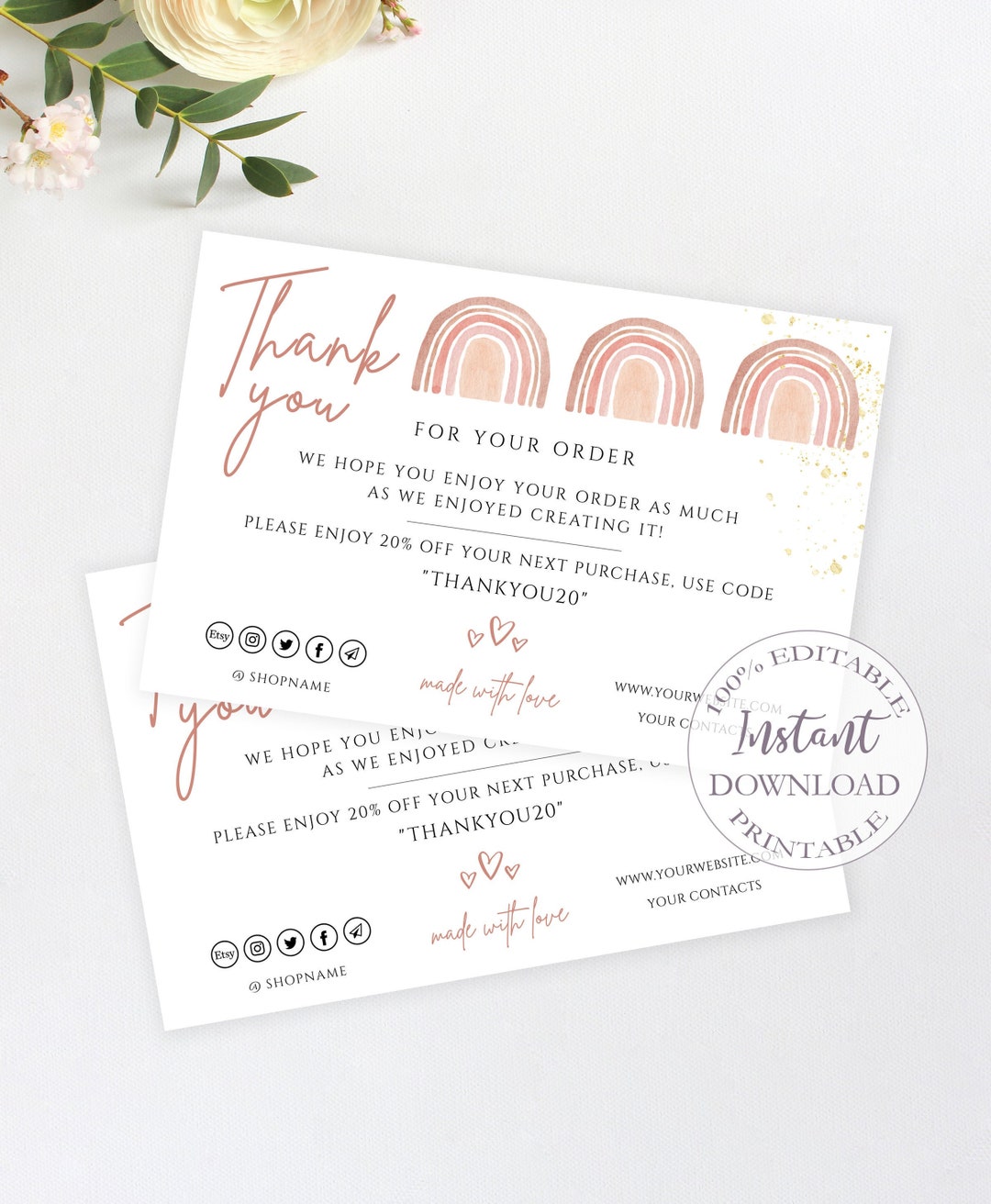 Thank You Insert Card Template, Editable Rainbow Small Business Cards ...