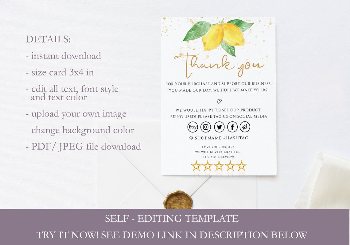 Lemon Thank You Card Template Editable Small Business Order | Etsy