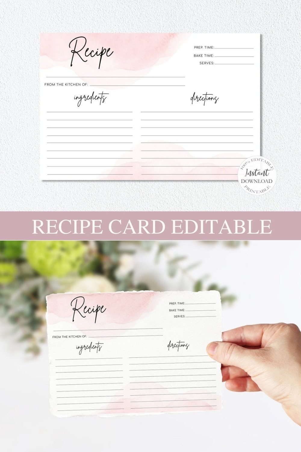 Pink Recipe Cards Editable Recipe Card Template 4x6 Recipe | Etsy