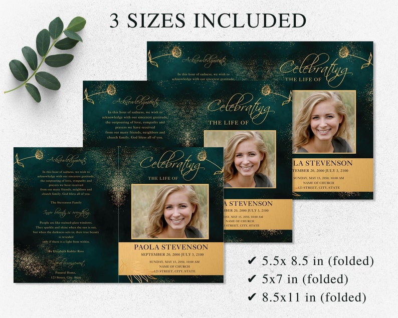 Green and Gold Funeral Program I Editable Canva Template I Printable Bi ...