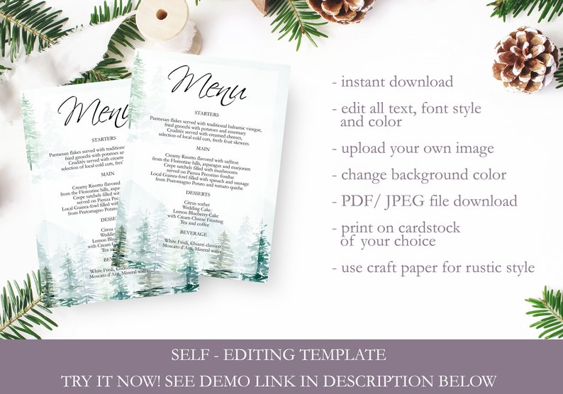 Winter Wedding Menu Template Printable Christmas Menu Cards | Etsy