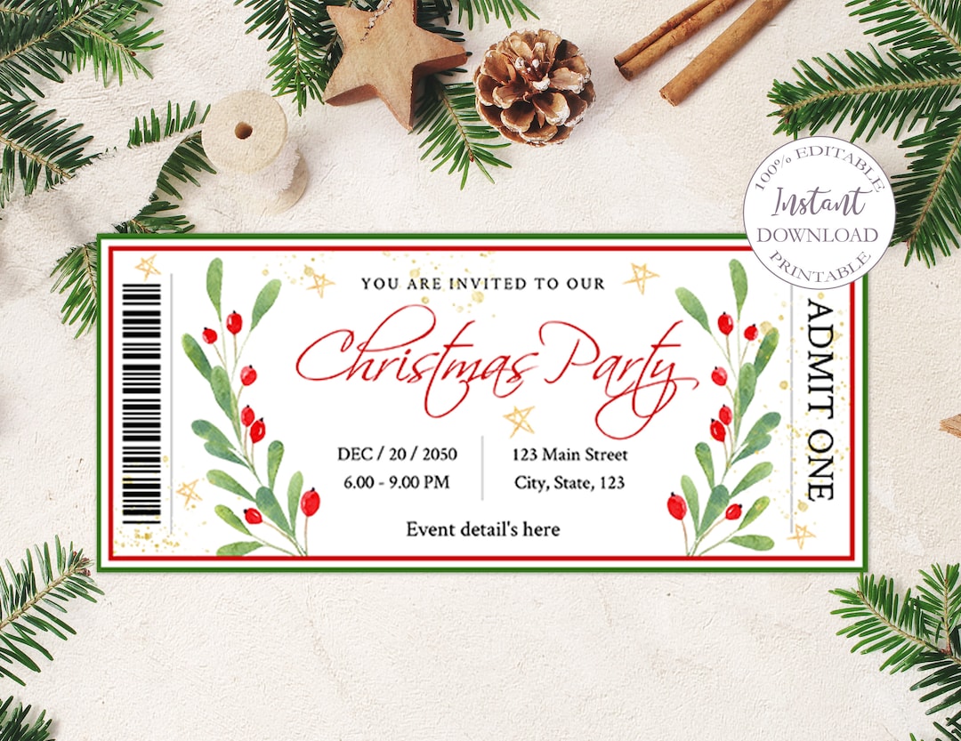 Chrismas Party Ticket Template, Editable Winter Holiday Party Invite ...