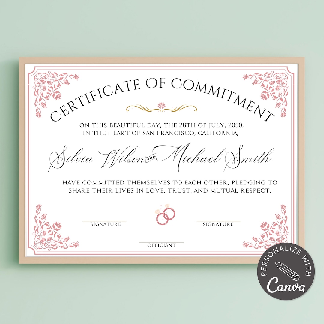 Certificate of Commitment Template I Canva Template, Editable Wedding ...