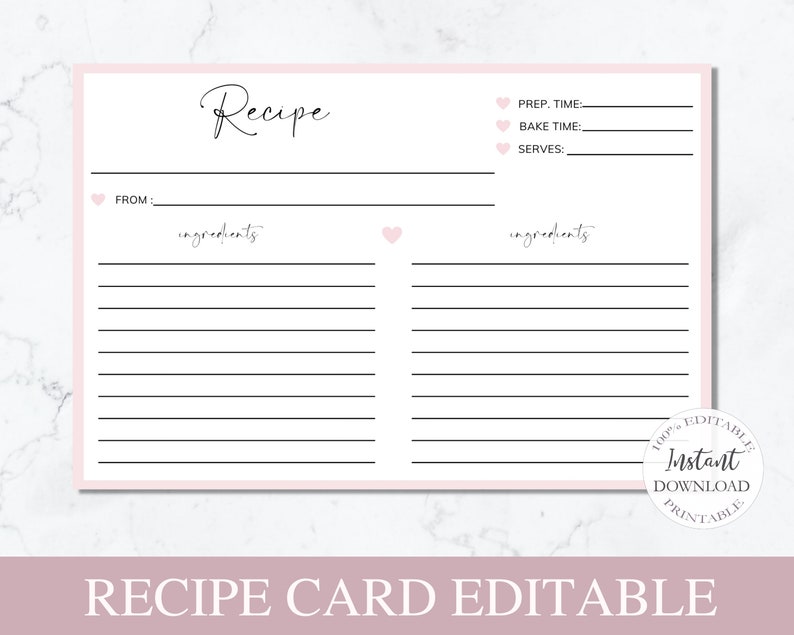 Recipe Card Template Editable Custom Recipe Cards Printable | Etsy