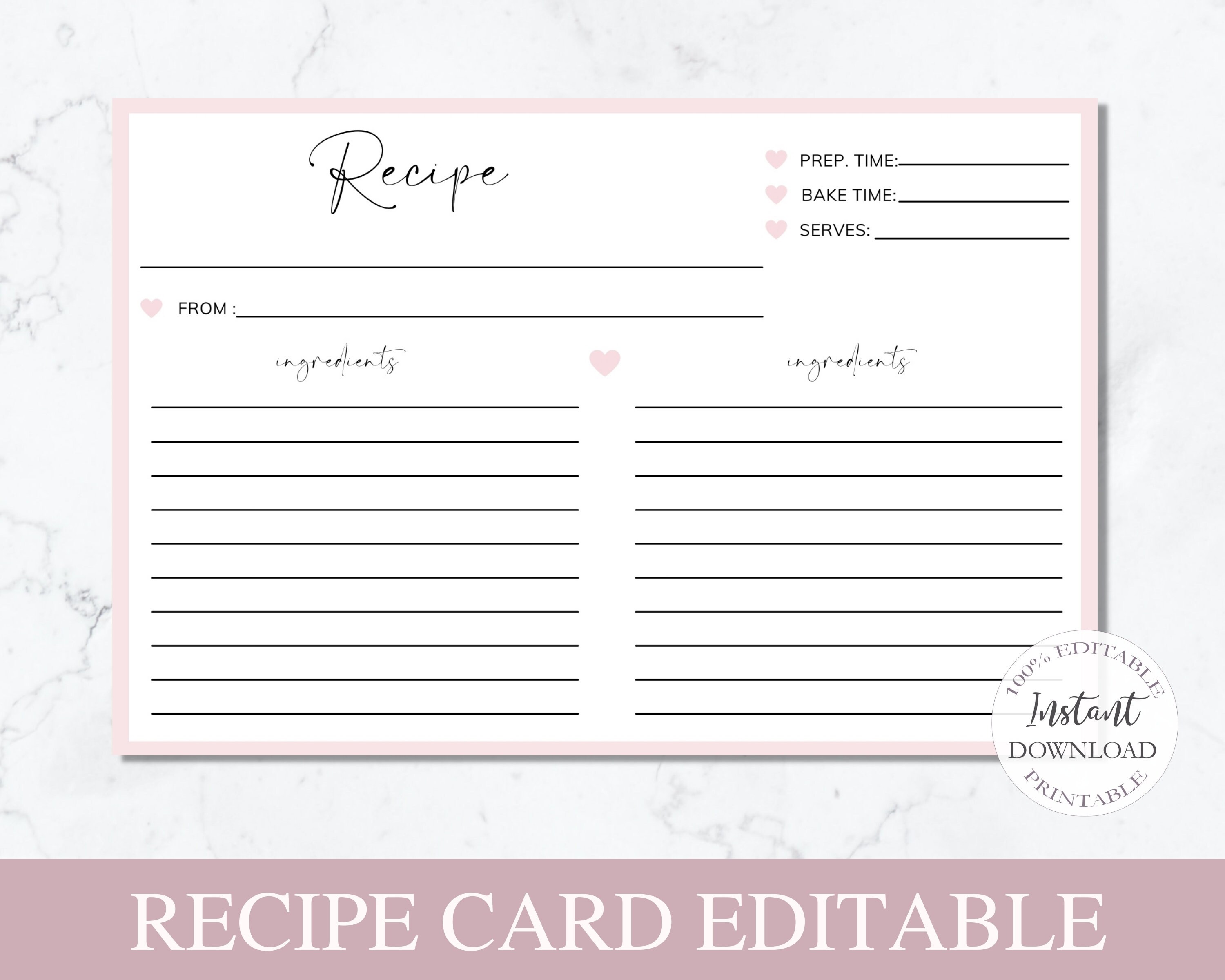 Recipe Card Template Editable Custom Recipe Cards Printable - Etsy